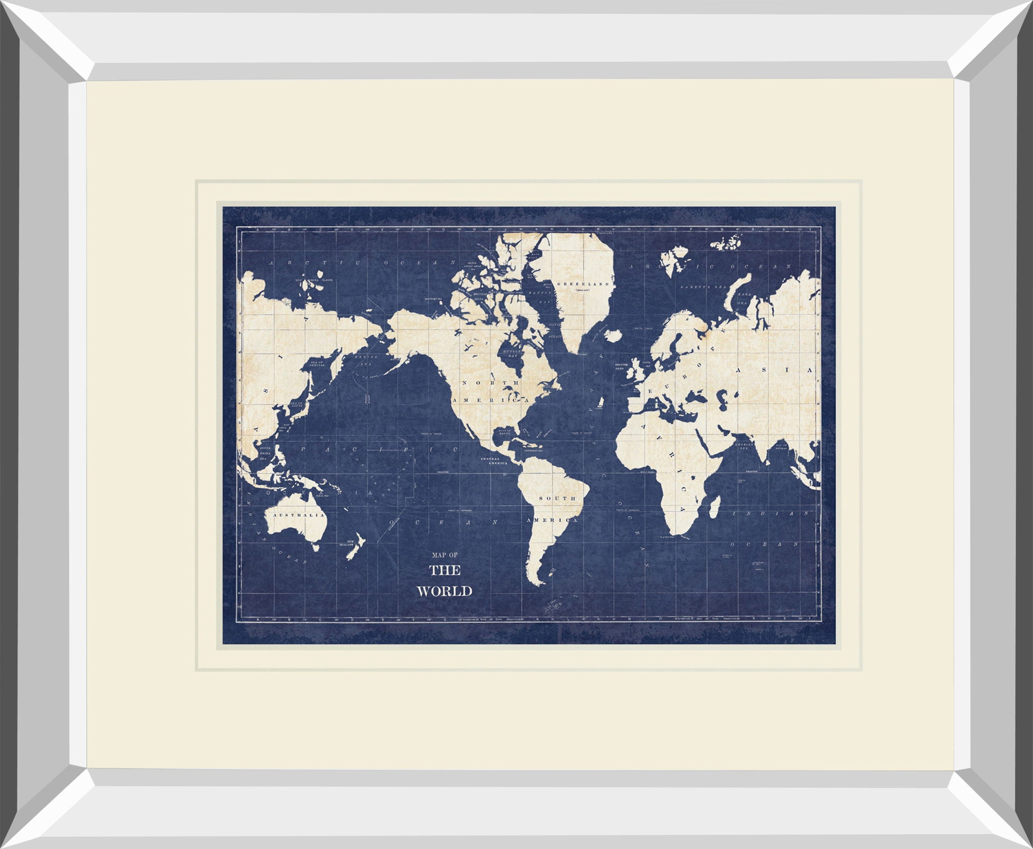 Blueprint World Map V2 By Sue Schlabach Mirrored Frame - Blue – Leonardo Furniture